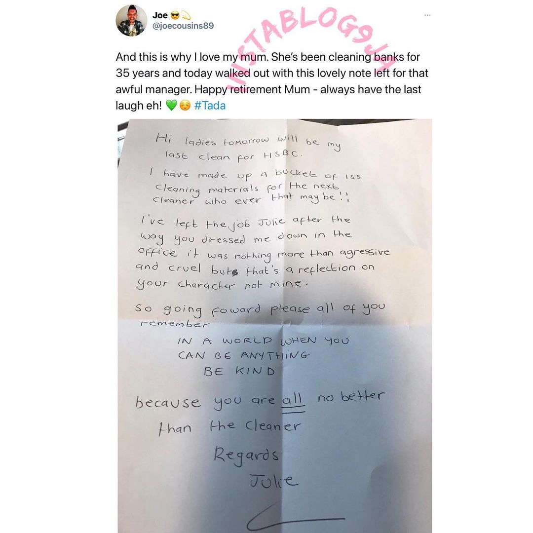 “You are all no better than the cleaner,” woman writes searing note to ...